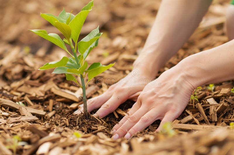 Closeup of Hands Planting a Tree Sapling in Wood Chips Stock ...