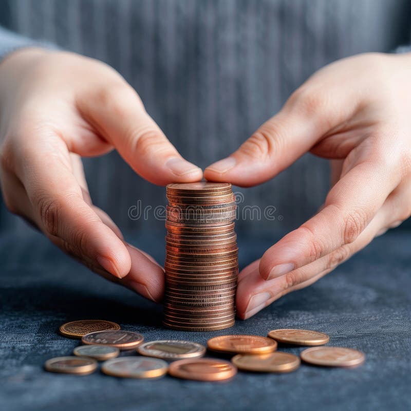 Closeup of Hands Protecting a Stack of Copper Coins on a Grey Surface ...