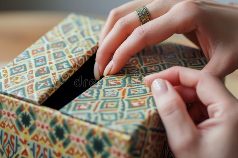 Closeup of Hands Removing the Lid from a Patterned Gift Box Stock Image ...