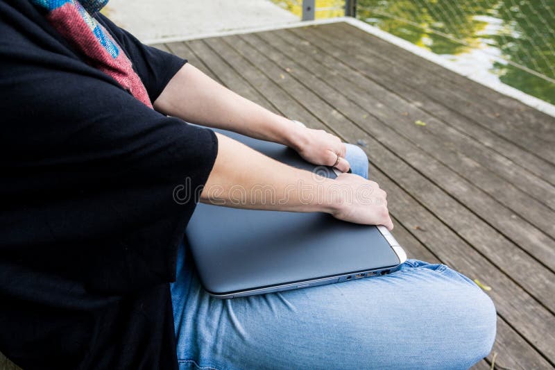 Closeup of Hands Resting on Closed Laptop. Stock Photo - Image of ...