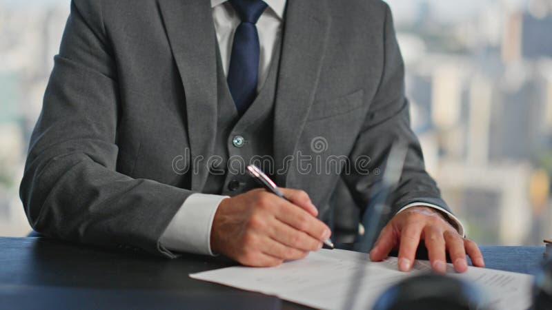 Closeup Hands Signing Contract at Desk. Confident Boss Thinking ...