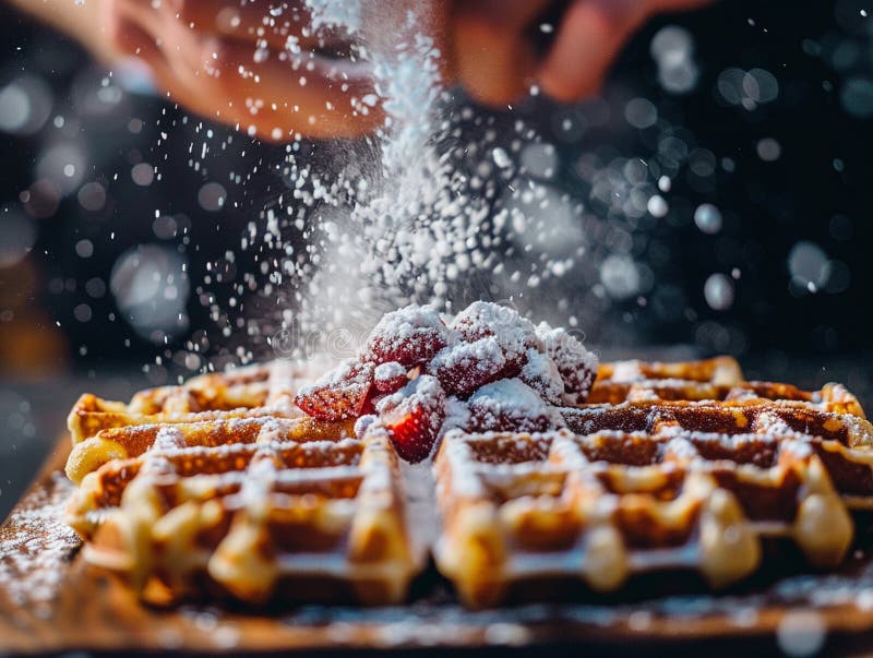 A Closeup of Hands Sprinkling Powdered Sugar Over Fresh Waffles ...
