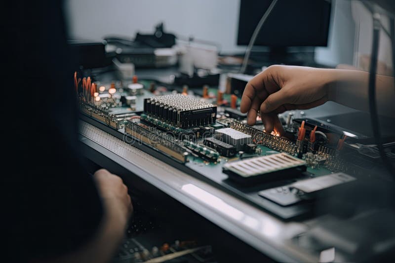 Closeup of Hands of a Technician Repairing a Computer Motherboard. a ...