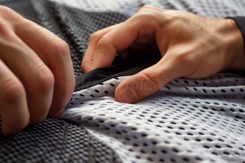 Closeup of Hands Touching Fabric Textures of Sportswear Tshirts Stock ...