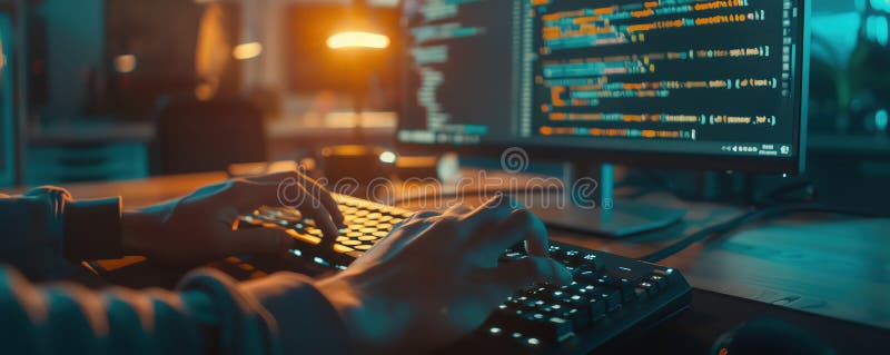 Closeup of Hands Typing Code on a Keyboard in Front of a Computer ...