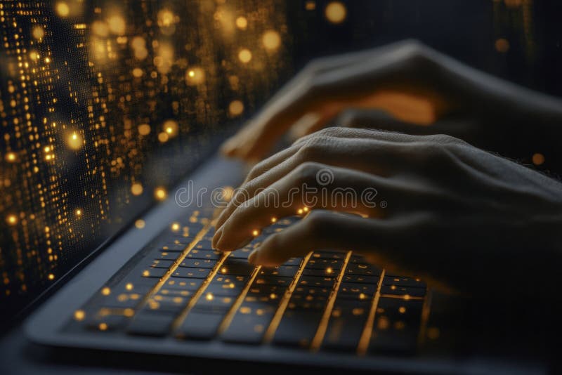 Closeup of Hands Typing on a Keyboard with Digital Technology Hologram ...