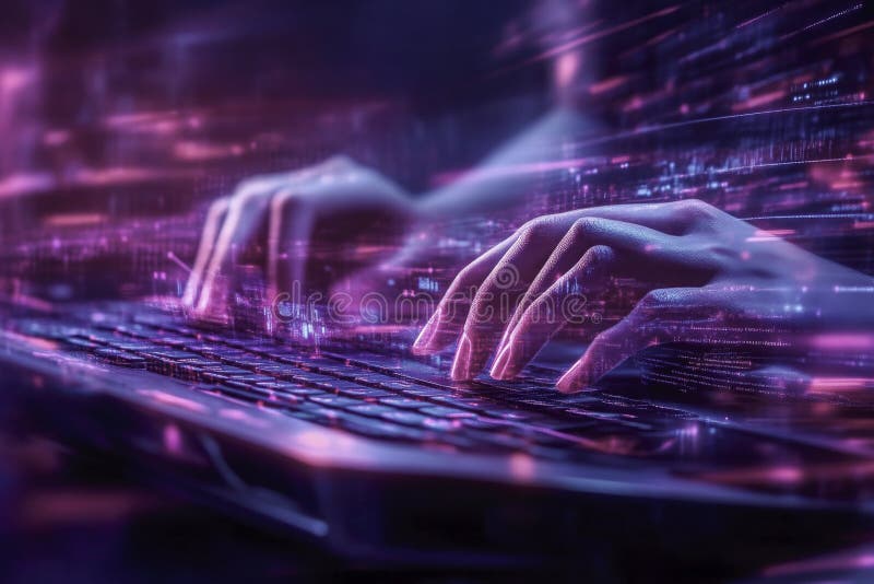 Closeup of Hands Typing on a Keyboard with Digital Technology Hologram ... Closeup of Hands Typing on a Keyboard with Digital Technology Hologram ...