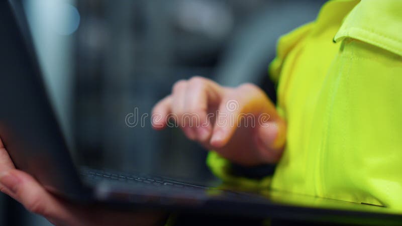 Closeup Hands Typing Laptop Computer on Modern Facility. Project Work ...
