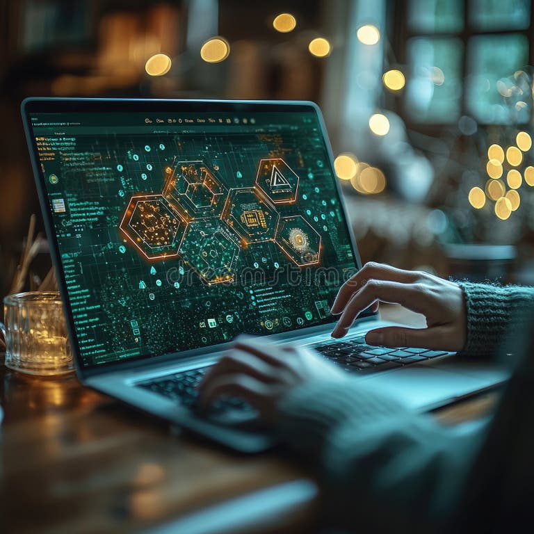 CloseUp of Hands Typing on Laptop Displaying Data Visualization and ...