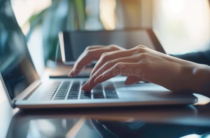 Closeup of Hands Typing on Laptop Keyboard in a Professional Office ...