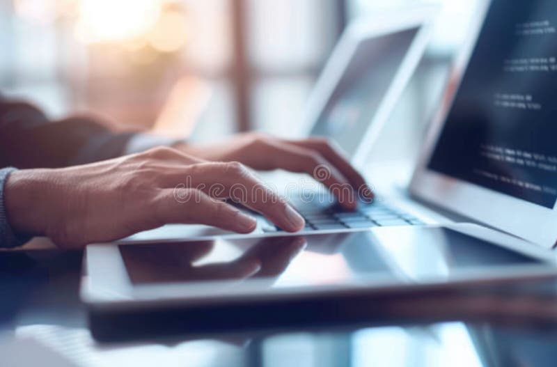 Closeup of Hands Typing on Laptop Keyboard in a Professional Office ...