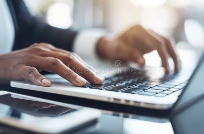 Closeup of Hands Typing on Laptop Keyboard in a Professional Office ...