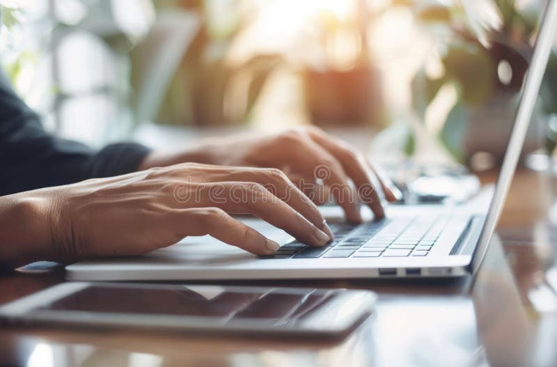 Closeup of Hands Typing on Laptop Keyboard in a Professional Office ...