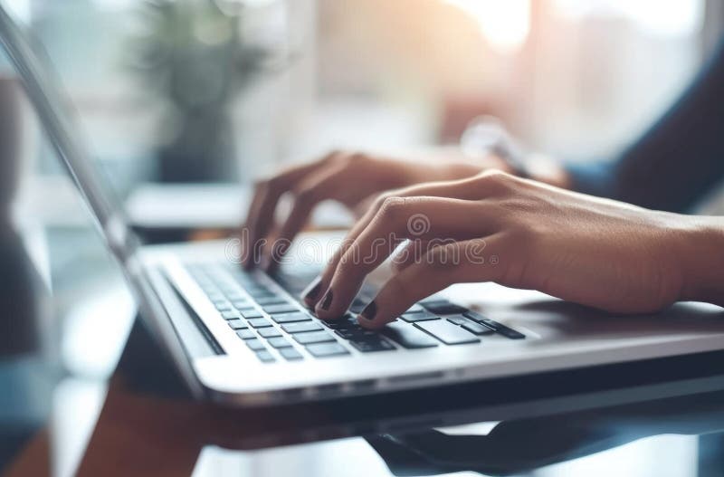 Closeup of Hands Typing on Laptop Keyboard in a Professional Office ...