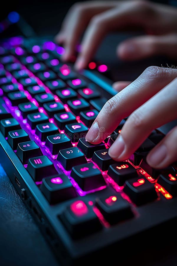 Closeup of Hands Typing on a Vibrant Backlit Keyboard. Dynamic Lighting ...