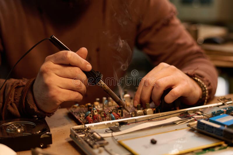 Unrecognizable Man Repairing Old Computer Stock Image - Image of retro ...
