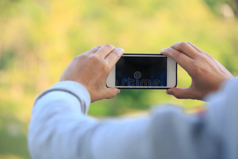 Hands Using Smartphone Taking Photo Outdoor Stock Image - Image of ...