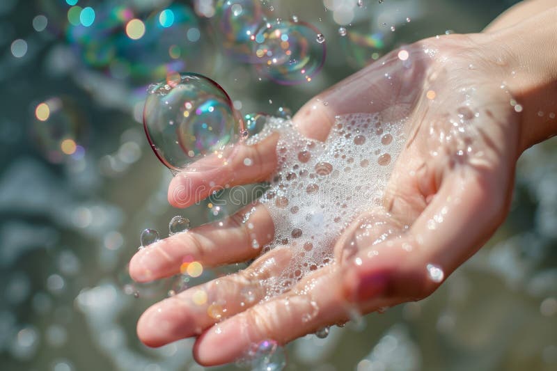 Closeup of Hands with Water Droplets and Soap Bubbles Stock ...