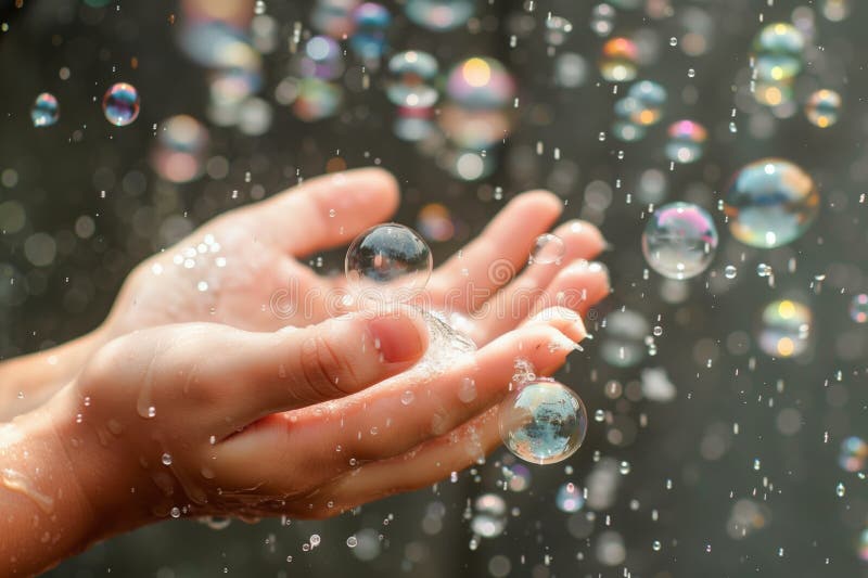 Closeup of Hands with Water Droplets and Soap Bubbles Stock Image ...