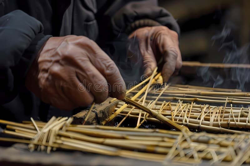 Closeup of Hands Weaving Bamboo Sticks Together, Traditional Craft ...