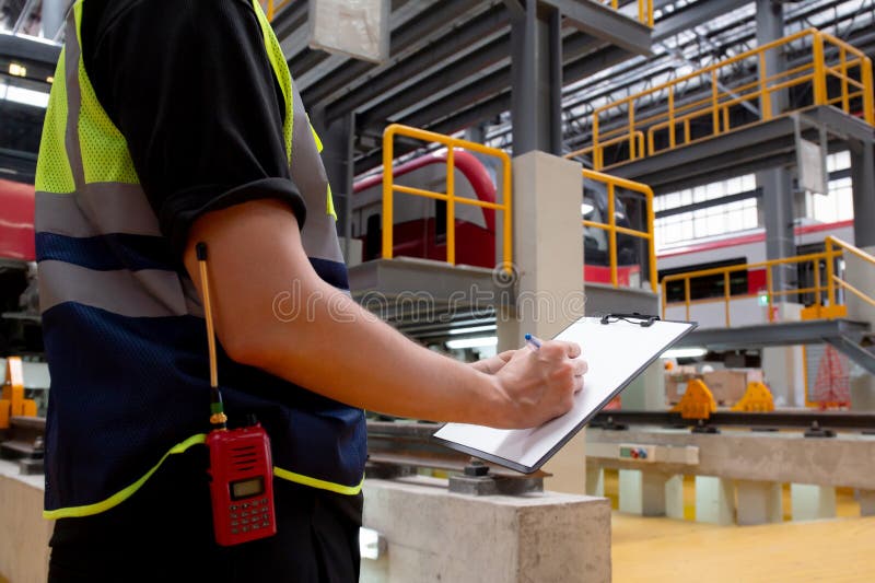 Closeup Hands Young Engineer Man or Worker Checking Electric Train for ...