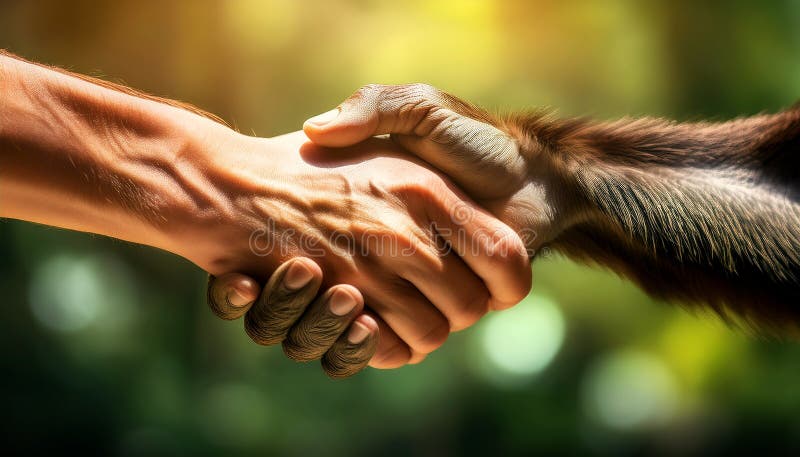Close-up of Handshake between a Human Hand and a Monkey Hand ...