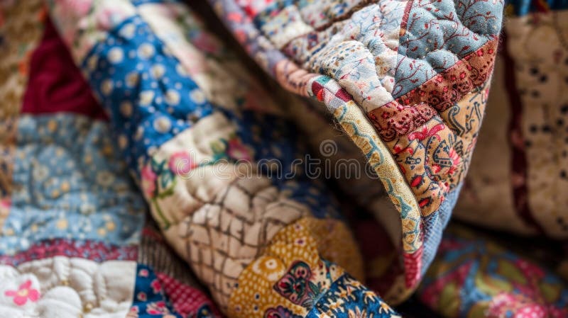A Closeup of a Handstitched Quilt Featuring a Patchwork of Different ...