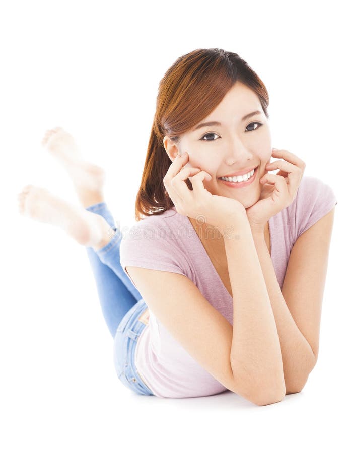 Closeup of Happy Young Woman Lying Prone on the Floor Stock Image ...