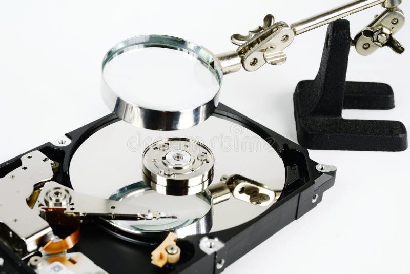 Closeup - Hard Disk Repair and Magnifying Glass Stock Image - Image of ...
