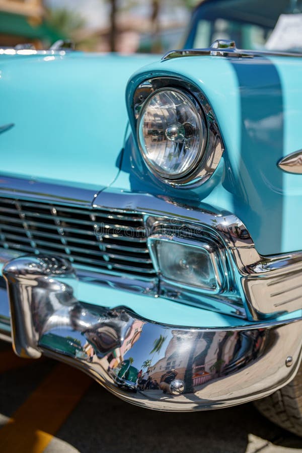 Closeup of a Headlight of a Blue Classic Vintage Antique Car Editorial ...