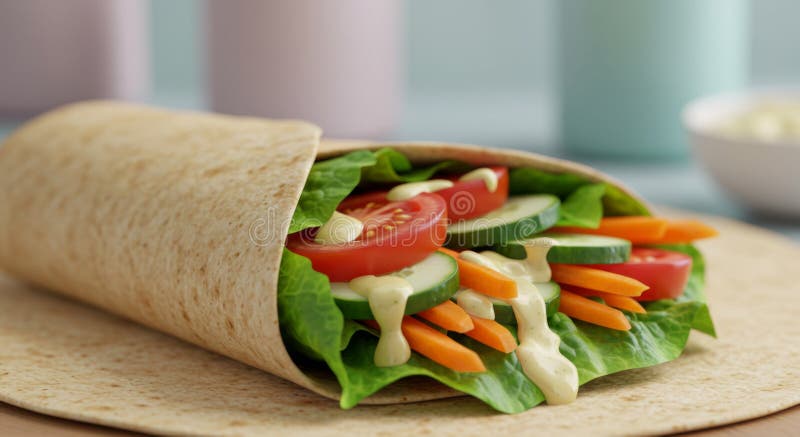 Closeup of a Healthy Vegetable Wrap with Creamy Dressing Stock ...