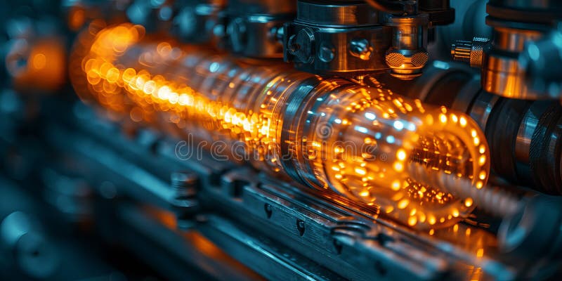 Closeup of a High-tech Machine with Illuminated Orange Lights and ...