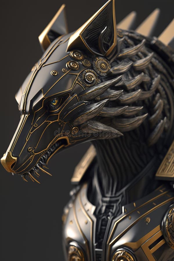Closeup of a High-tech Wolf Robot in Black and Gold Stock Illustration ...