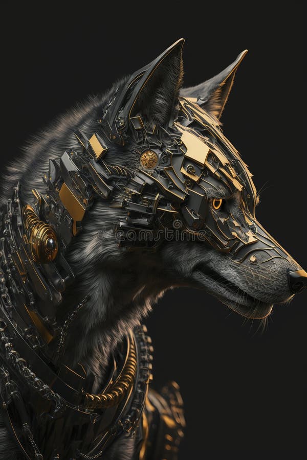 Closeup of a High-tech Wolf Robot in Black and Gold Stock Illustration ...