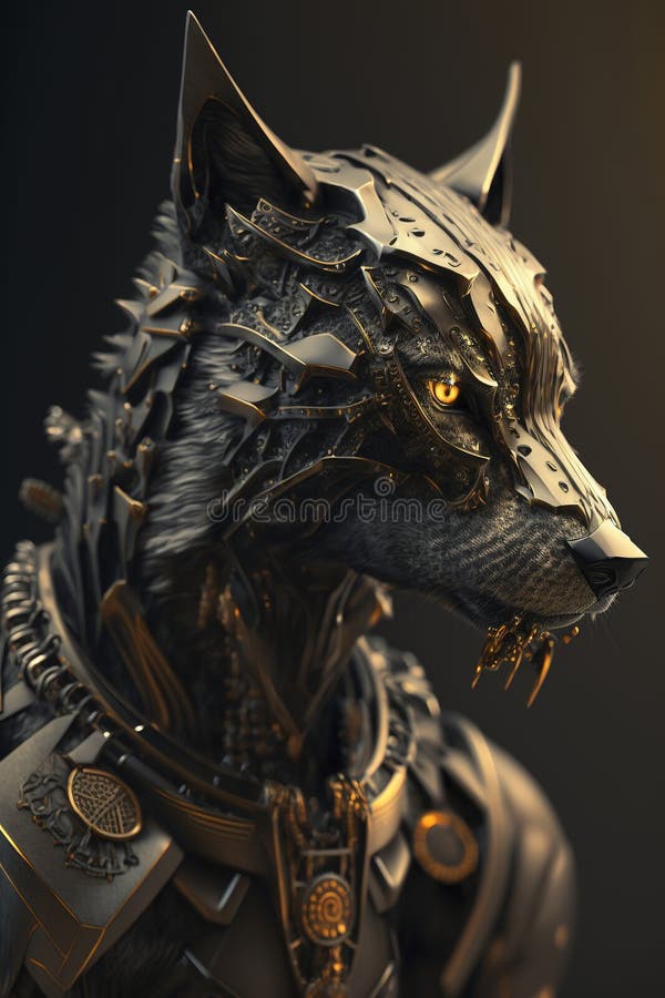 Closeup of a High-tech Wolf Robot in Black and Gold Stock Illustration ...