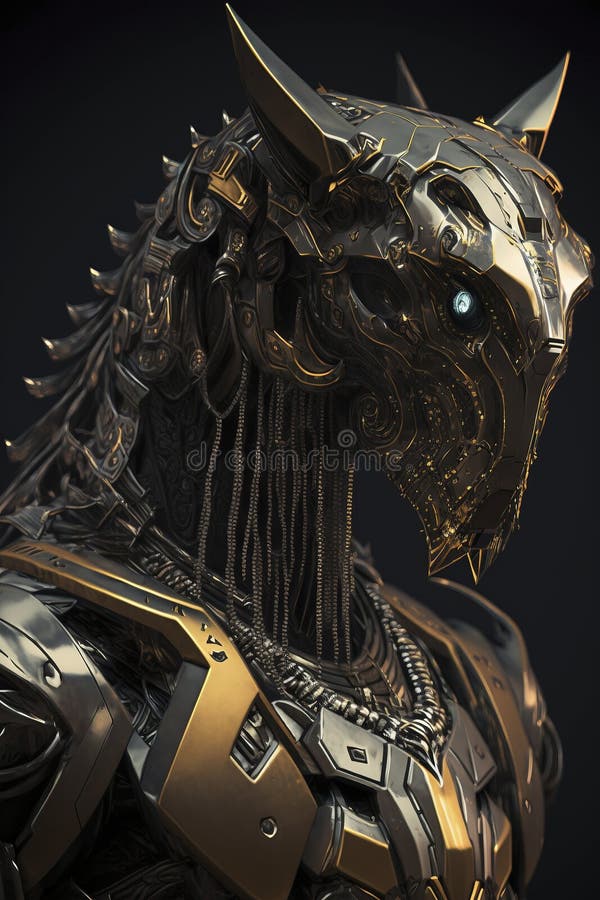 Closeup of a High-tech Wolf Robot in Black and Gold Stock Illustration ...