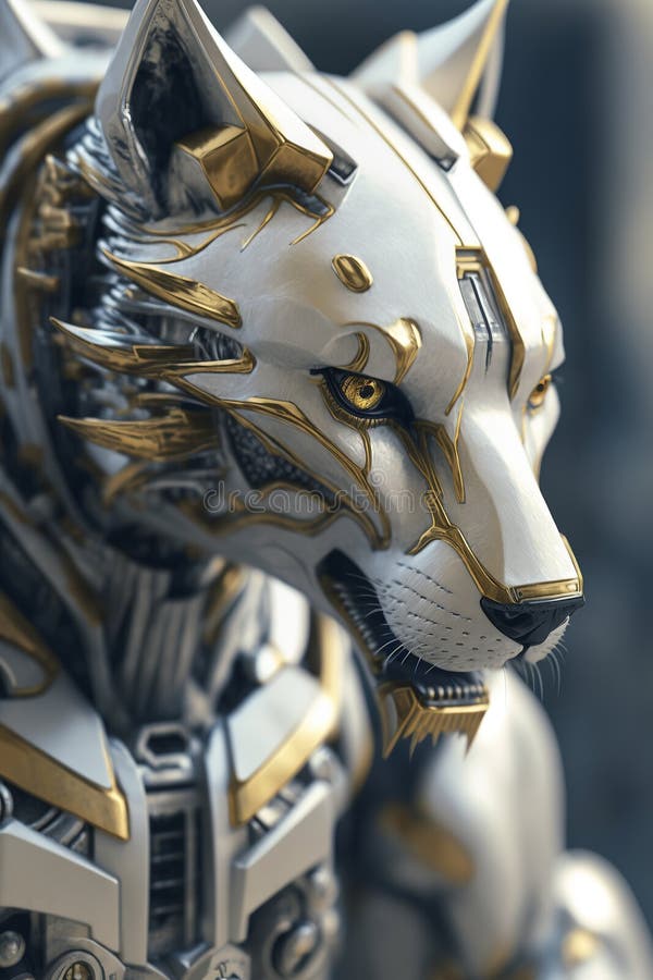 Closeup of a High-tech Wolf Robot in White and Gold Stock Illustration ...