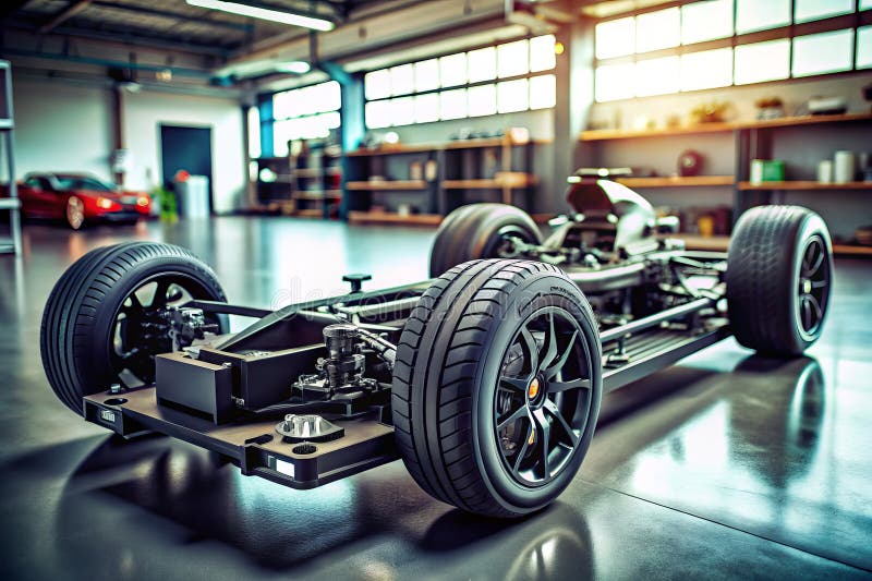 Closeup of a HighPerformance Racing Chassis Large Wheels and Precision ...