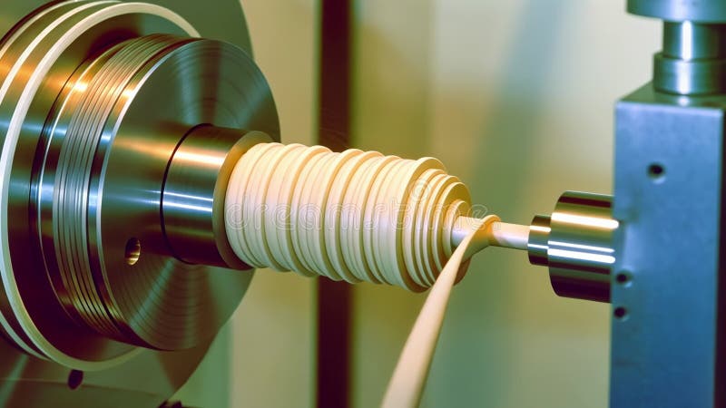 Closeup of a Highprecision Lathe Turning a Rod of Polymer into a ...