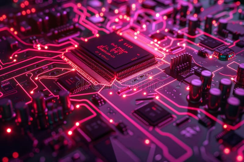 Futuristic Circuit Board with Glowing Red Connections Stock ...