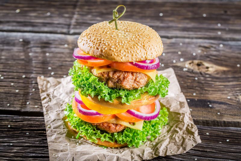 Closeup of Homemade Double-decker Burger Stock Image - Image of lettuce ...