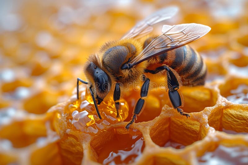 Closeup of Honeycomb with Bee Making Honey. Stock Illustration - Illustration of close, food ...