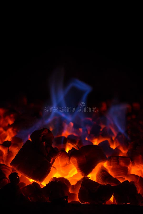 Closeup of Hot Red Embers and Blue Flame in Fireplace Stock Photo ...