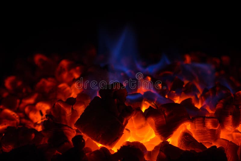 Closeup of Hot Red Embers and Blue Flame in Fireplace Stock Image ...