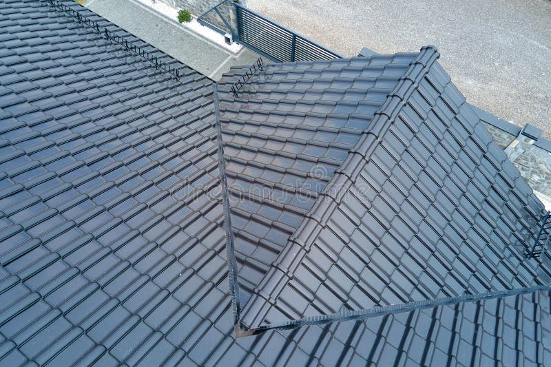 Closeup of House Roof Top Covered with Shiny Ceramic Shingles Stock ...