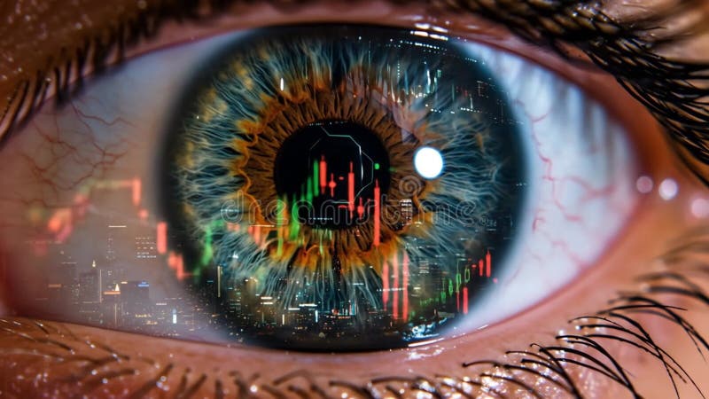 Closeup of Human Eye with Digital Data Overlay and Camera Focus Effect ...