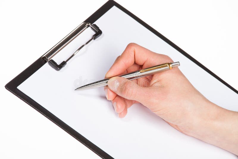 Closeup of a Human Hand Writing with Pen on Clipboard Stock Photo ...