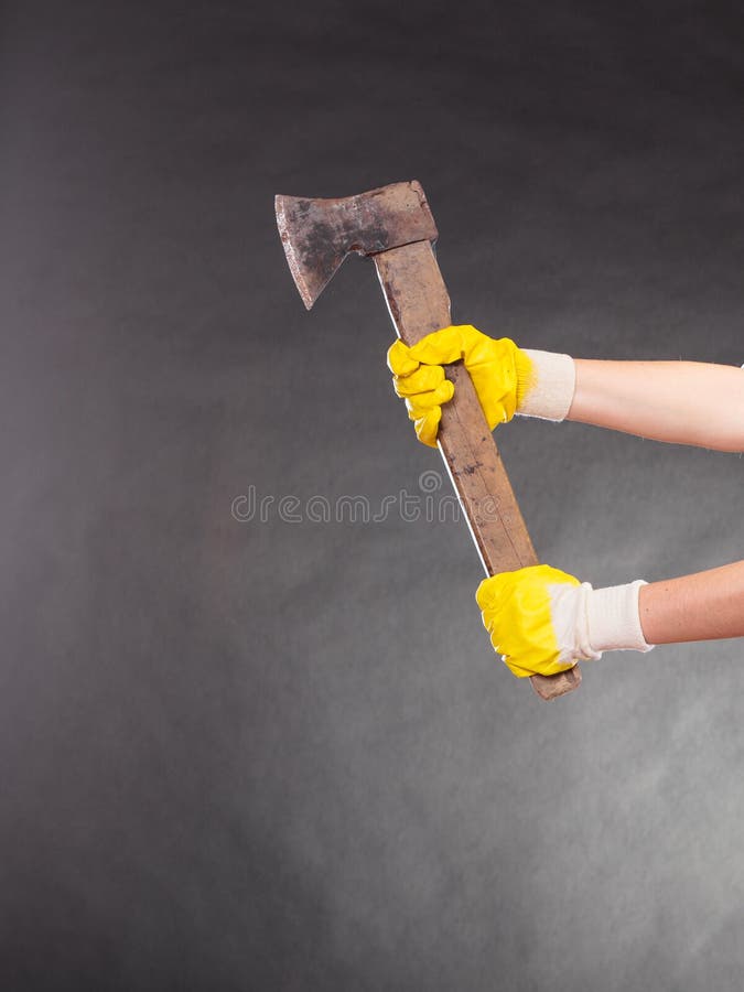 Closeup Human Hands Holding Axe Chopper. Stock Image - Image of gloves ...