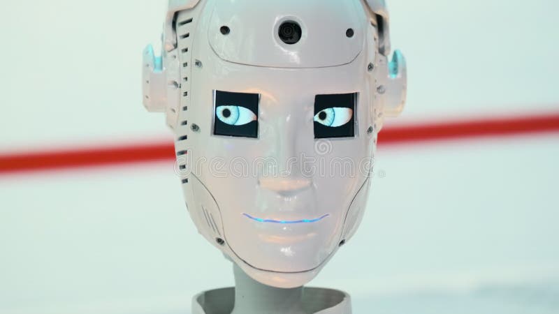 Closeup Robot Face. Robot Turning Head and Look. Modern Robotics ...