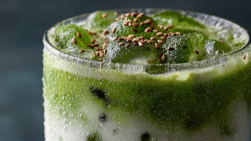 Closeup of Iced Matcha Latte with Sesame Seeds Stock Image - Image of ...
